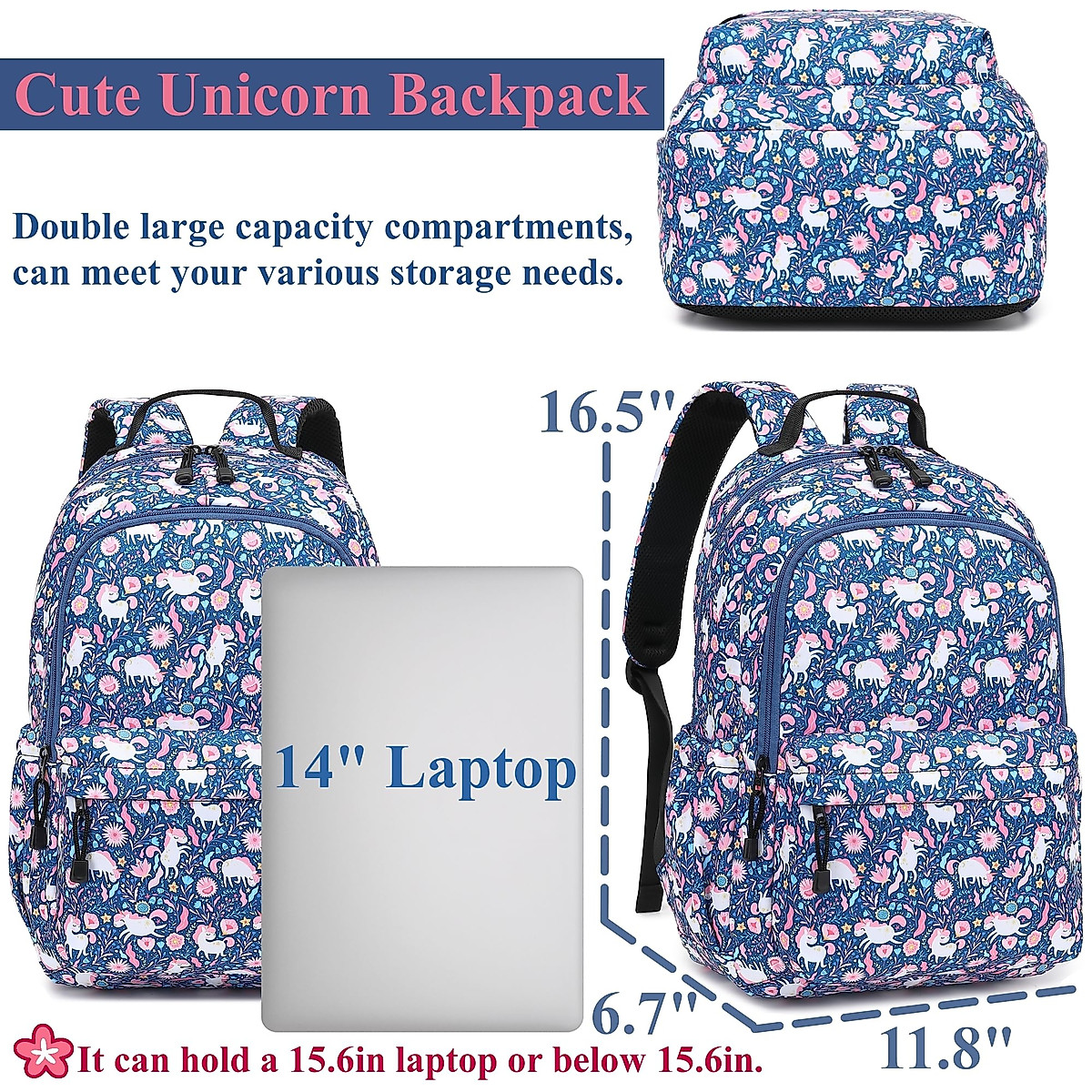 Leaper Girls Kawaii Laptop Backpack for School Boys Backpack Kids Travel Backpack Women Bookbag Cute School Bag College Bag Cat Dark Blue