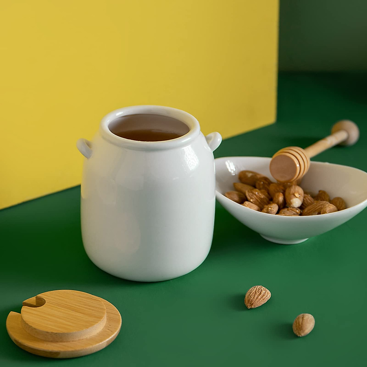 LIFVER Honey Jar with Wooden Dipper and Lid, Cute Ceramic Honey Bee Pot for Storage, Honey Pot with Handle for Sugar, Jam and Salsa, Birthday Housewarming Christmas Gift - 12 Ounce, White