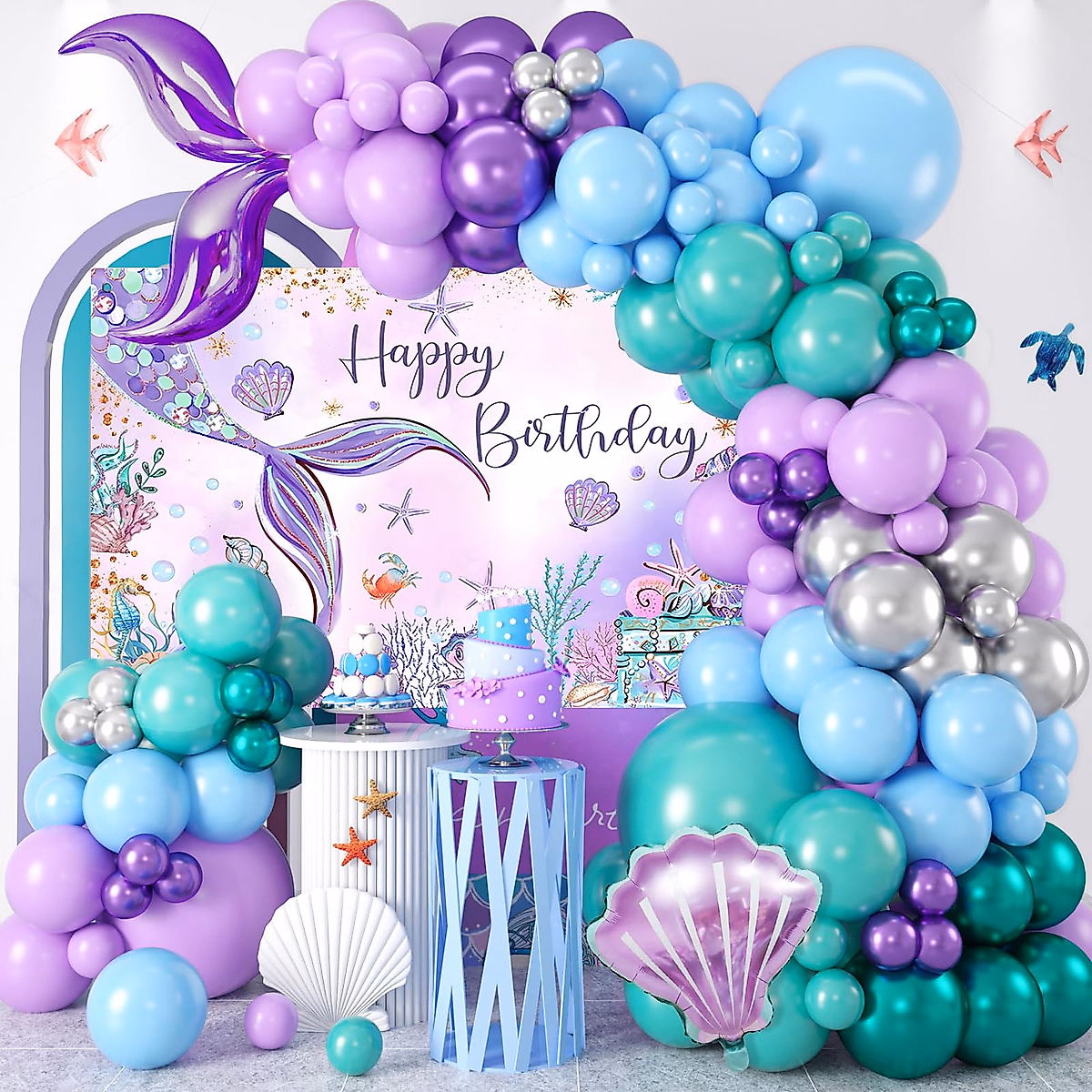 DataMoon Mermaid Birthday Party Decorations - 105pcs Mermaid Birthday Balloons Garland Arch Decorations Including Mermaid Backdrop, Mermaid Tablecloth for Birthday Party,Baby Shower, Gender Reveal.
