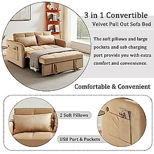 Velvet Pull Out Sleeper Sofa, Convertible Futon Sofa Bed with USB Port, Modern Pullout Couch with Pillows and Pockets, Upholstered Small Loveseat for Living Room, Guest Room (Khaki)