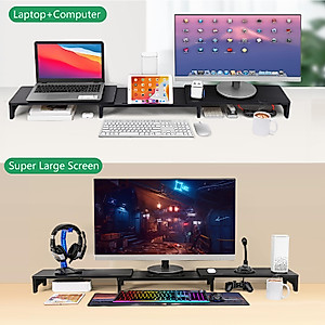 Nnewvante Monitor Stand Riser, 60 inch Large Bamboo Dual Monitor Stand for Desk, 3 Shelves Desktop Screen Riser with Adjustable Length Angle for Computer Laptop PC,Black