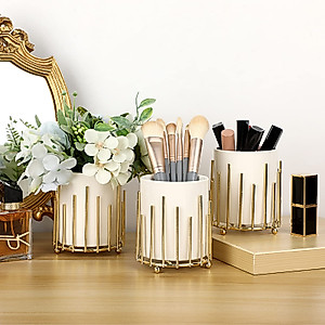 JUXYES Pack of 3 Ceramic Silverware Holder for Party, White Cutlery Holder Holder With Golden Metal Bracket, Small Flatware Caddy Organizer Utensil Holder for Kitchen Countertops Dining Tables