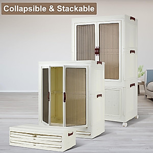 FozsKeylf Stackable Closet Storage Bins, Collapsible Clothes Organizers, Portable Wardrobe Closet with Lids and Doors, Movable Clothes Storage with Coat Hangers, White