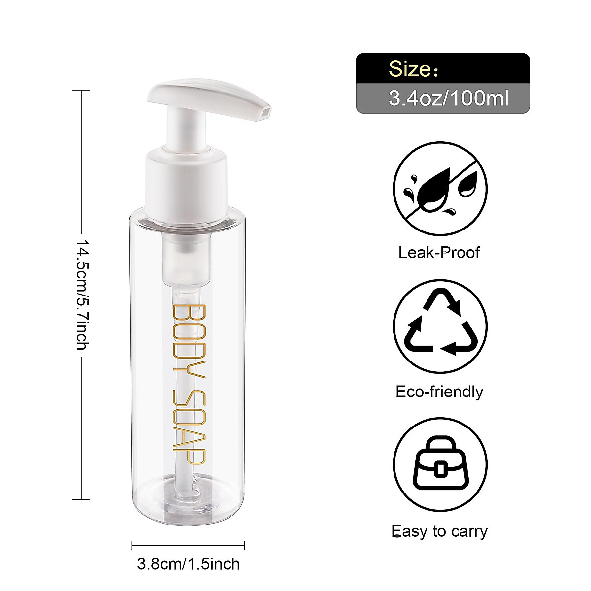 Travel Bottles Plastic Pump Bottle Dispenser Tsa Approved 3.4oz/100ml 4 Pack Travel Refillable Shampoo and Conditioner Bottles Empty Travel Size Bottles for Cosmetic, Lotion, Liquid Soap (Clear)