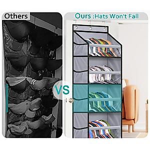 KIMBORA 7 Tier Hat Rack for Baseball Caps, Over Door Baseball Hat Organizer Hold 80 Hat Storage for Closet/Wall with 14 Side Mesh Pockets Cap Holder (Gray)