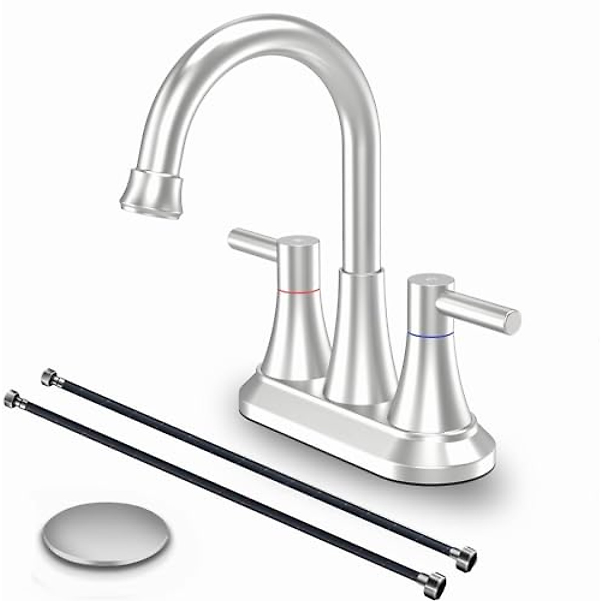 Bathroom Faucets for Sink, Gomylifer Bathroom Sink Faucet 2 Handle，4 Inch Centerset Sink Faucet with Pop Up Drain and Supply Hoses,Stainless Steel 360 Swivel Spout, Lead-Free, Brushed Nickel