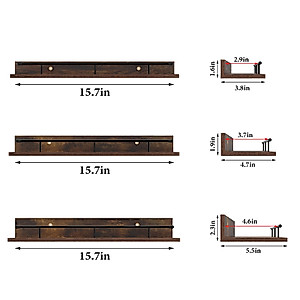 Giftgarden 16 Inch Brown Floating Shelves with Black Metal Guardrail, Wood Shelves for Wall Storage Set of 3, Wall Shelf for Bathroom Bedroom Living Room Kitchen Nursery