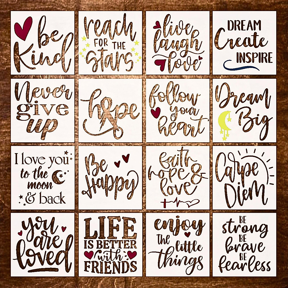 16 Piece Inspirational Word Stencil Set - Stencils for Painting on Wood - Quotes Include Dream, Faith Hope Love - Stencils for Painting on Canvas, Stencils for Crafts Reusable for Signs and Fabric