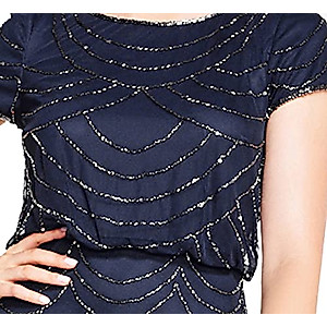 Adrianna Papell Women's Short Sleeve Blouson Beaded Gown, Navy, 10