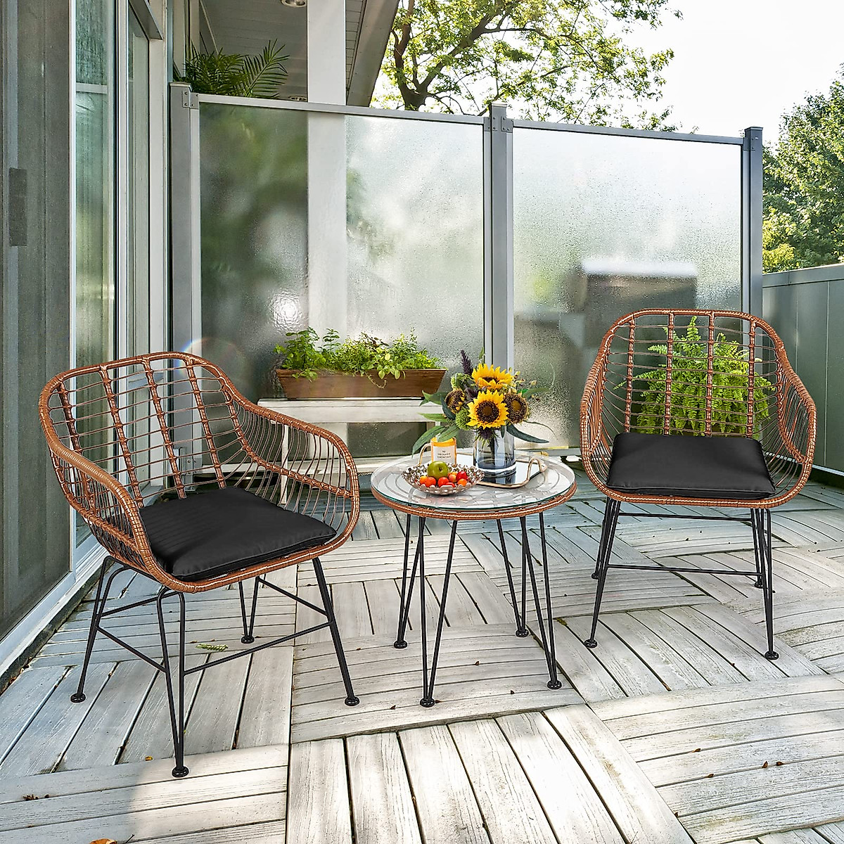 Tangkula 3 Pieces Patio Conversation Bistro Set, Outdoor Wicker Furniture w/Round Tempered Glass Top Table & 2 Rattan Armchairs, Bistro Chat Set w/Seat Cushions for Porch, Backyard (Black)