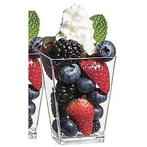 Zappy 50 5 oz Tall Square Clear Dessert Cups and 50 Tasting Spoons Dessert Glasses Shot Glasses Trifle Bowl Clear Disposable Plastic Dessert Tumbler Cups Party Cups