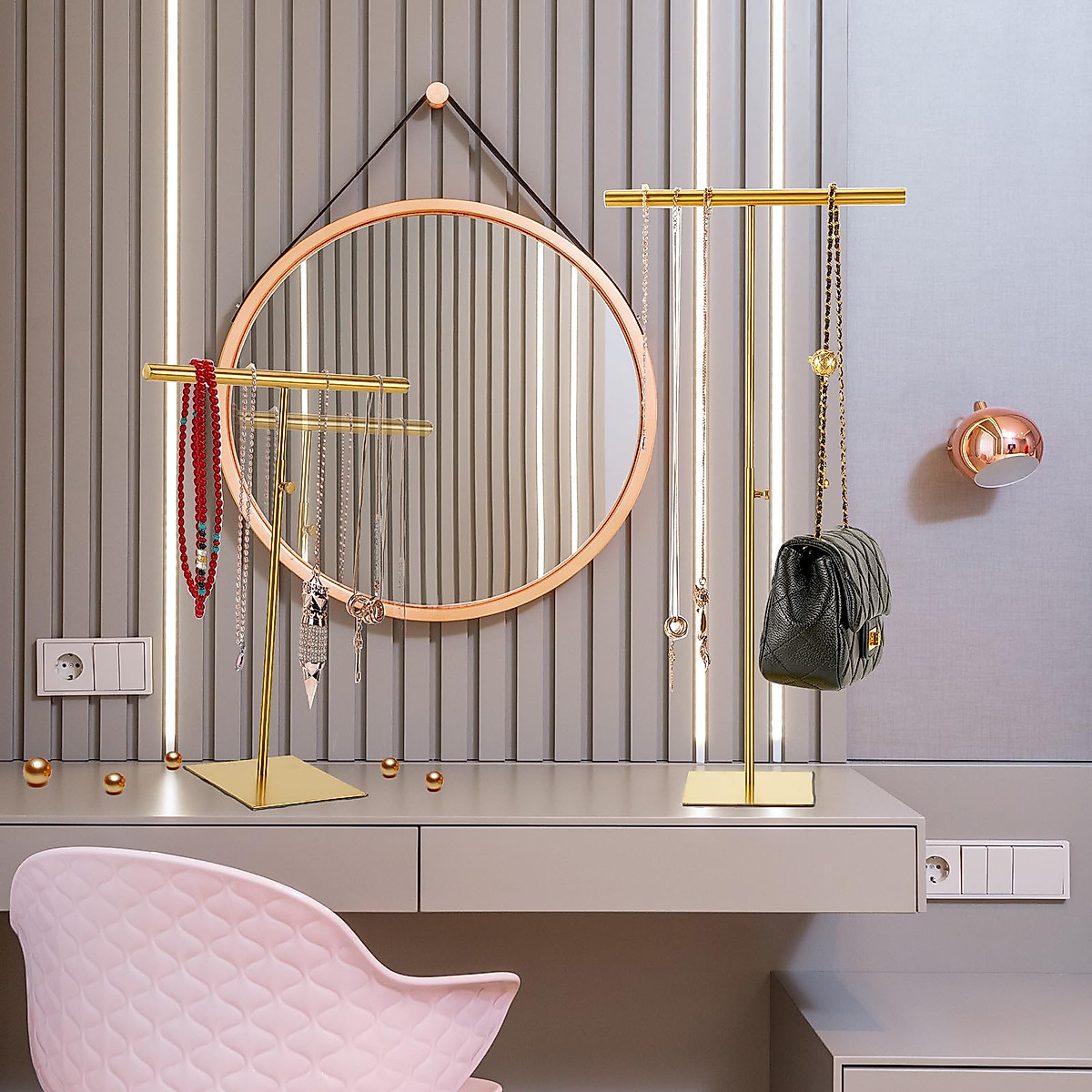 SHUNKAIZS Necklace Holder Jewelry Stand, Purse Display Stand, 2Pcs Stainless Display Stand, Jewelry Tower Stand Adjustable Height for Necklaces, Bracelets, Bag