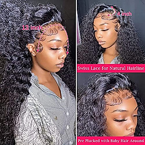Manorshen Deep Wave Lace Frontal Wigs Brazilian Virgin 13x4 Lace Front Deep Curly Wave Glueless Brazilian Hair Wet Wavy Human Hair Lace Front Wig With Baby Hair (Nature Black Deep 13x4, 18 Inch)