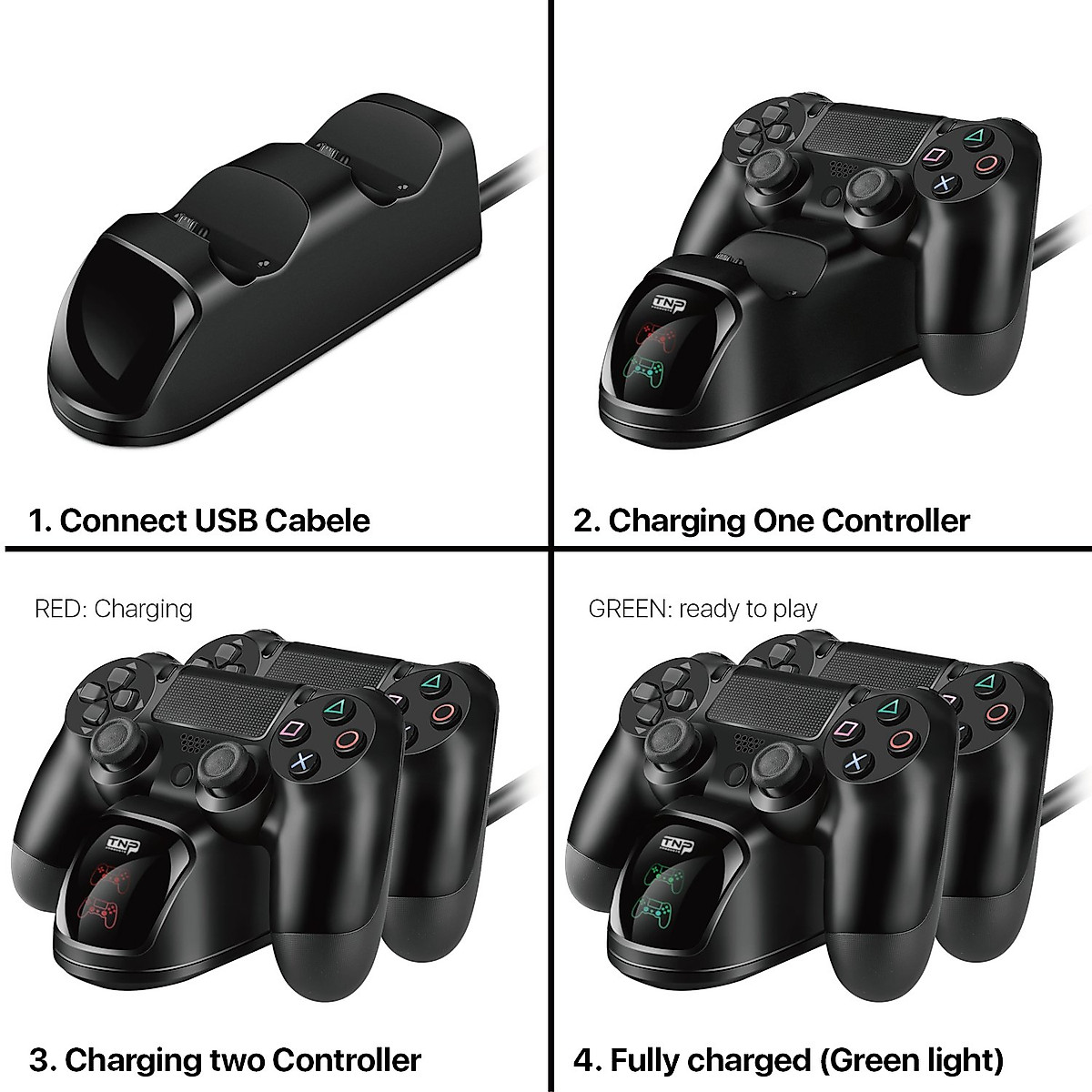 TNP PS4 Controller Charging Station Dock Stand PS-4 Dualshock Control Gamepad USB Port Dual Charger Cradle Base with Cable & LED Indicator for Sony Playstation 4 Pro Slim Wireless Gaming Game (Black)