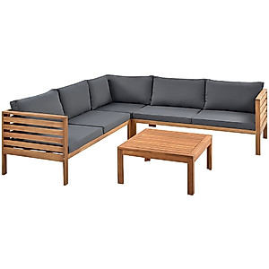 Outdoor Patio Furniture Sofa Set, 4 Piece Outdoor Conversation Sofa Set Wooden Sectional Sofa Set with Seat Cushions and Wooden Coffee Table, Cushioned Sofa Set for Outdoor Indoor