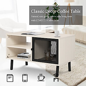 LTMEUTY Coffee Table for Living Room, Mid-Century Modern Coffee Table with Double Mesh Doors & Open Storage Shelves, Wood and Metal Cocktail Table, Accent Furniture, White Wood Grain