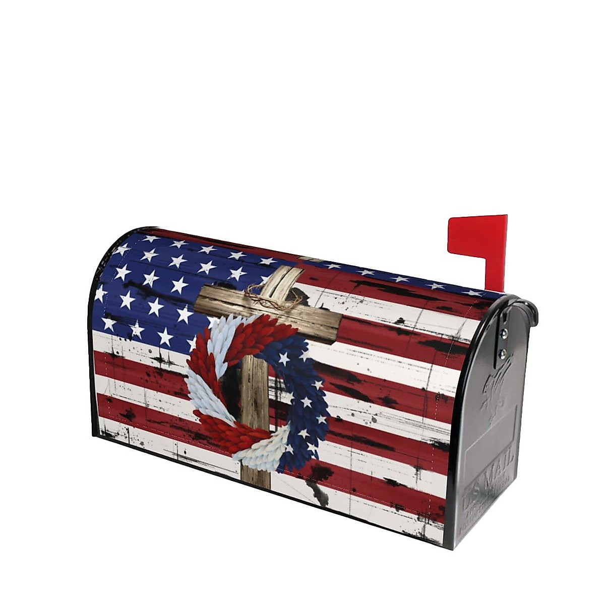 Patriotic American Flag Wreath Cross Mailbox Covers Magnetic Stars Stripes 4th of July Memorial Day Decorative Mailboxes Letter Box Cover 18x21 in for Outdoor Garden Yard Home Decor Outside
