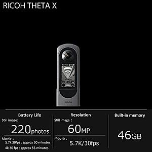 Ricoh Theta X 360 Degree Camera, High Resolution Image of approximate 60M, 5.7K 360, Touch Screen
