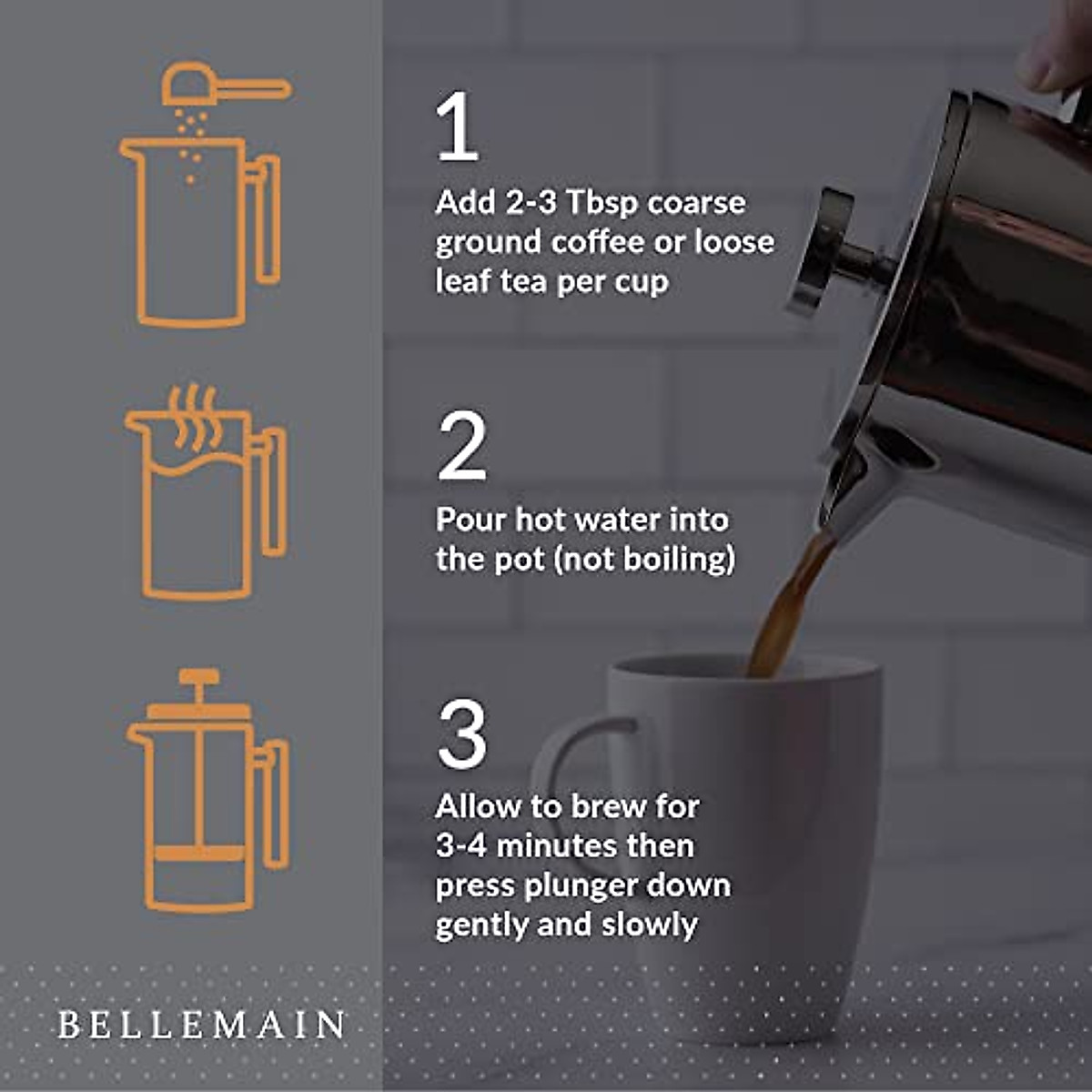 Bellemain French Press Coffee Maker Extra Filters Included, 35 oz, Stainless Steel