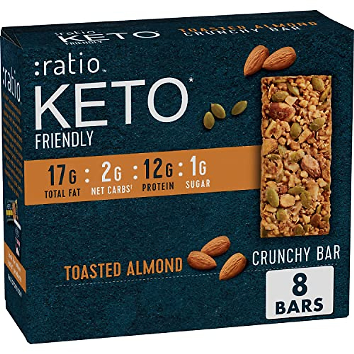 :ratio KETO Friendly Crunchy Bars, Toasted Almond, Gluten Free Snack, 8 ct