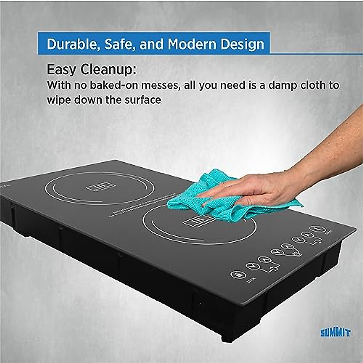 Summit SINC2220 12-inch 2 burner Digital Electric Induction Cooktop with 7-piece cookware set, Jet Black Glass, 230V, 3100W, LED Display, 8-Power Level, Timer, Easy Plug-In, Easy to Clean