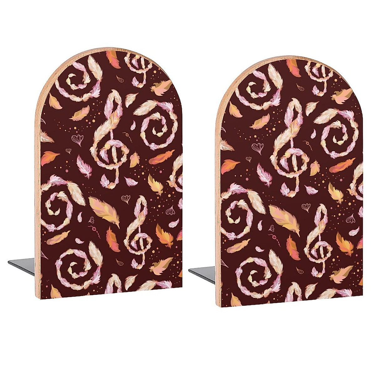 Autumn Feathers Music Clef Book Ends Decorative Wood Bookends for Shelves Kids Room Desk Home Office Book Stoppers for Magazines,Books, DVDs, 1 Pair/2 Pieces(5x3.1 in)