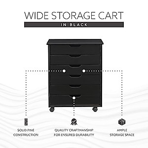 Linon Rolling Storage Corinne Cart, Six Wide Drawers, Black Wide