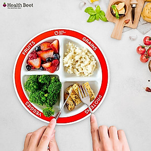 Health Beet MyPlate Portion Control Plate – 4 Divided Sections for Fruit Grains Veggies Proteins - Dishwasher & Microwave Safe Sectioned Plates for Health Education (1-Pack)