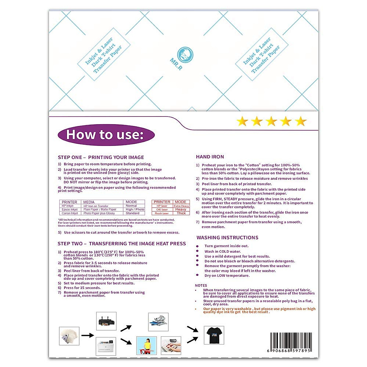 MR.R 8.5''x11'' Inkjet and Laser Compatible Printable Heat Transfer Vinyl Paper for Dark T-shirt Fabric, Made in USA (20 Sheets)