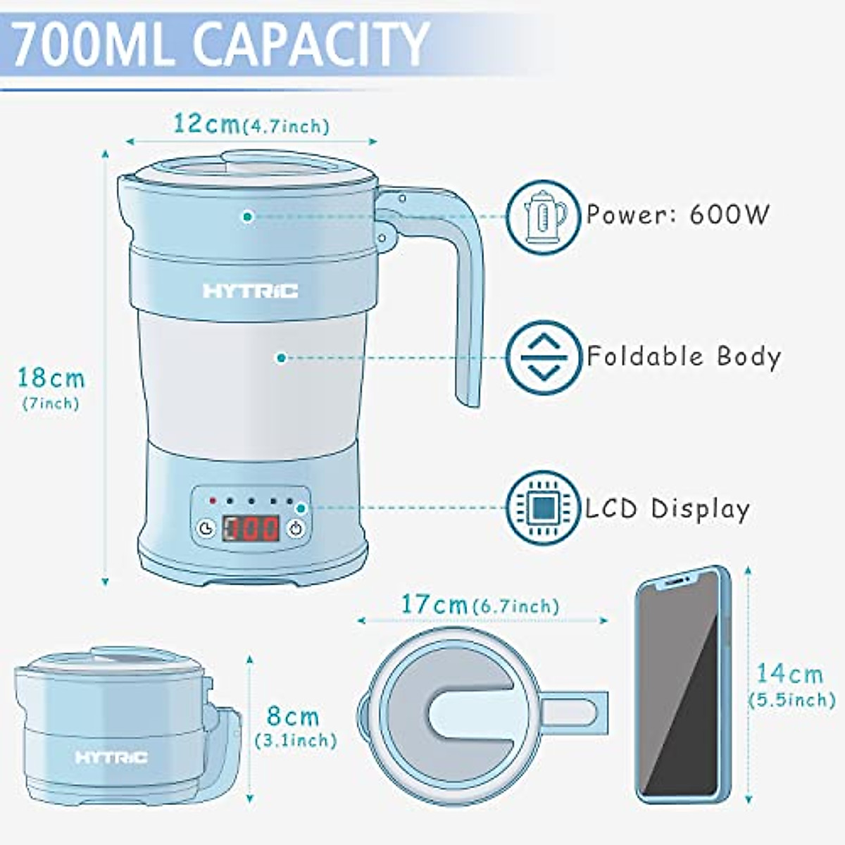 HYTRIC Travel Electric Kettle, 700ML Foldable Small Electric Kettle BPA-Free, Portable Electric Kettle with Multifunctional Panel, Collapsible Hot Water Kettle with Keep Warm & Delay Start, 110V Blue