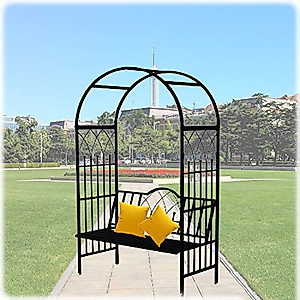 Outdoor Garden Archway with Bench Seat Metal Garden Arbor Trellis Garden Rose Arch 6.9ft x 3.7ft MetalGrape Rose Vines and Indoor Party Decoration (Black 114x210cm/3.7ftx6.9ft)
