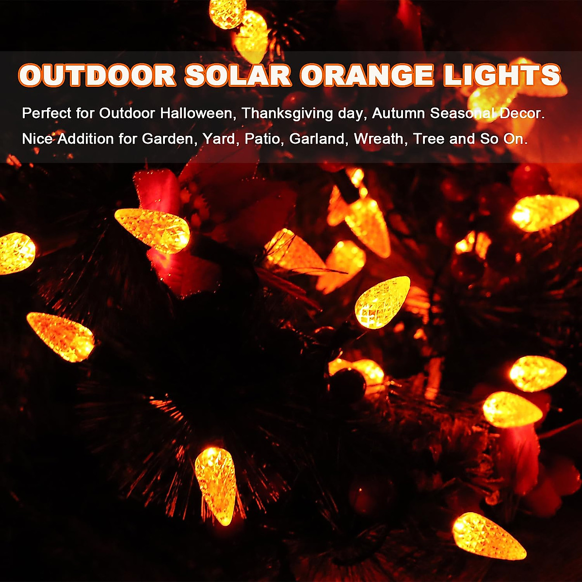 HUGSVIK 100 LED C6 Solar Orange Halloween Lights, 8 Modes Orange Christmas Lights for Outdoor, Waterproof Solar Orange Lights for Halloween, Christmas Tree Thanksgiving, Fall Garden Yard and Patio