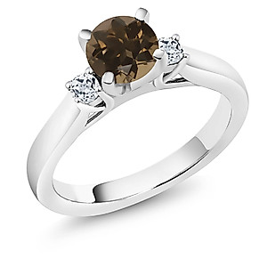Gem Stone King 925 Sterling Silver Brown Smoky Quartz and White Topaz 3-Stone Engagement Ring For Women (1.08 Cttw, Round 6MM, Gemstone Birthstone, Size 7)