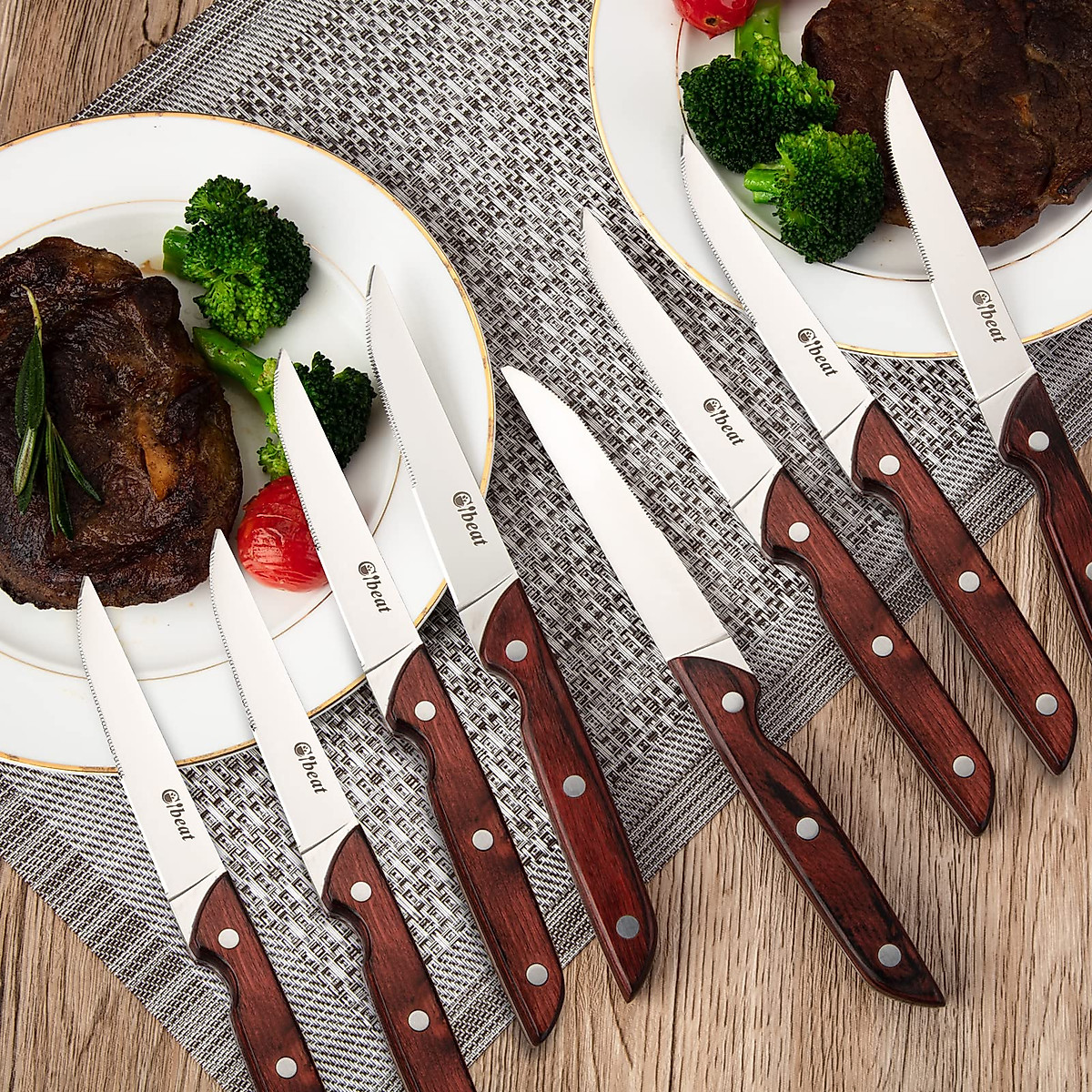 Fashionwu Serrated Steak Knife Set of 8, Stainless Steel Serrated Steak knives with Wood Handle, Sharp Knife for Cutting Meat, Fine Edge Steak Knife Set, Rust Resistant