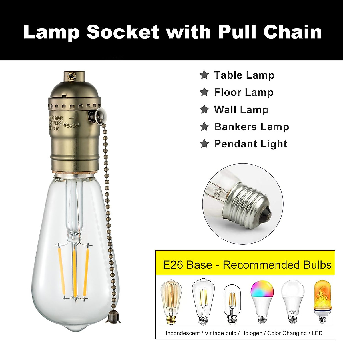 Pull Chain Lamp Socket Replacement, E26 Standard Threaded Base, Lamp Parts for Table and Floor Lamps, Light Bulb Socket with Pull Chain Lamp Switch, UL Listed, 1 Pack (Antique Brass)
