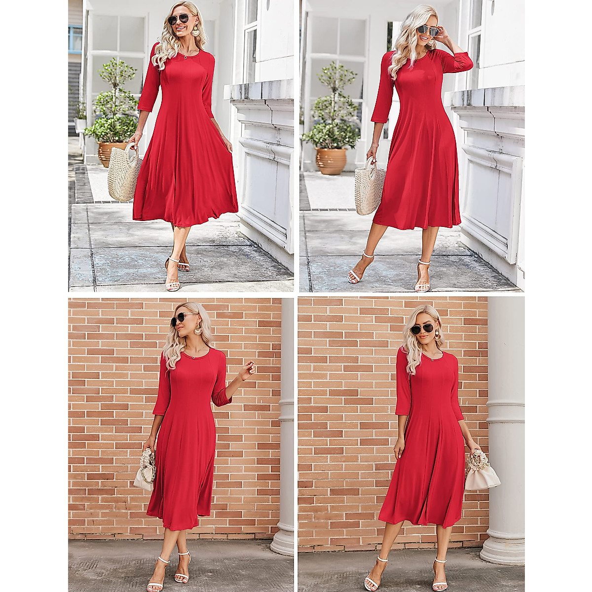 HOTOUCH Women Soft Casual Dress 3/4 Sleeve Midi Long Dresses (Red L)