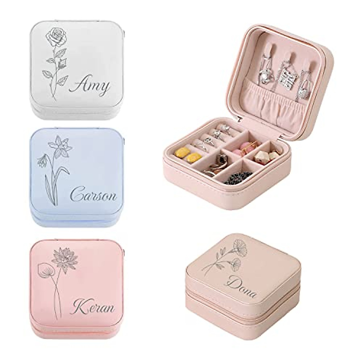 Disc Us Custom Leather Jewelry Box, Personalized Jewelry Travel Case, Customized Jewelry Organizer Box with Name and Birth Flower Month, Mom Birthday Gifts for Women (Champagne)