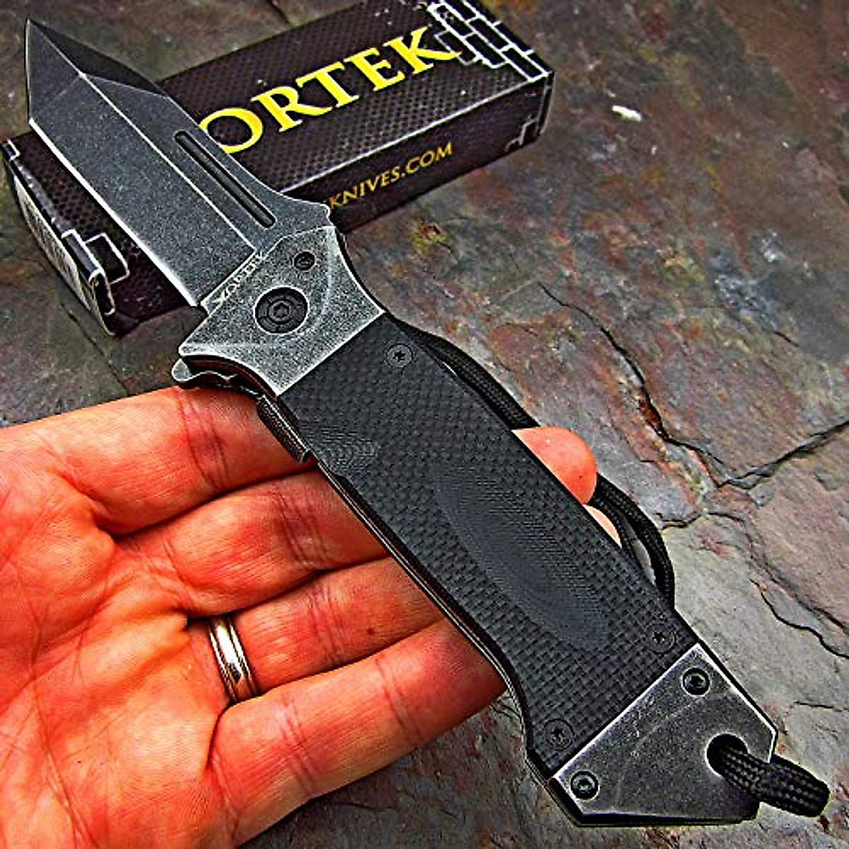 VORTEK Ball Bearing Pivot System Heavy Duty EDC Folding Pocket Knife: 8Cr13MoV Razor Sharp Blade - LMF Style Pommel with Lanyard - Smooth Fast One Hand Opening