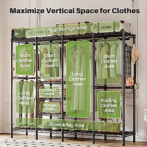 HOKEEPER Heavy Duty Clothes Rack Portable Closet Rack with Adjustable Shelves, Side Mesh Board and Hooks Freestanding Clothing Racks for Hanging Clothes Garment Racks Load 1500LBS 76"W*16"D*76"H Black