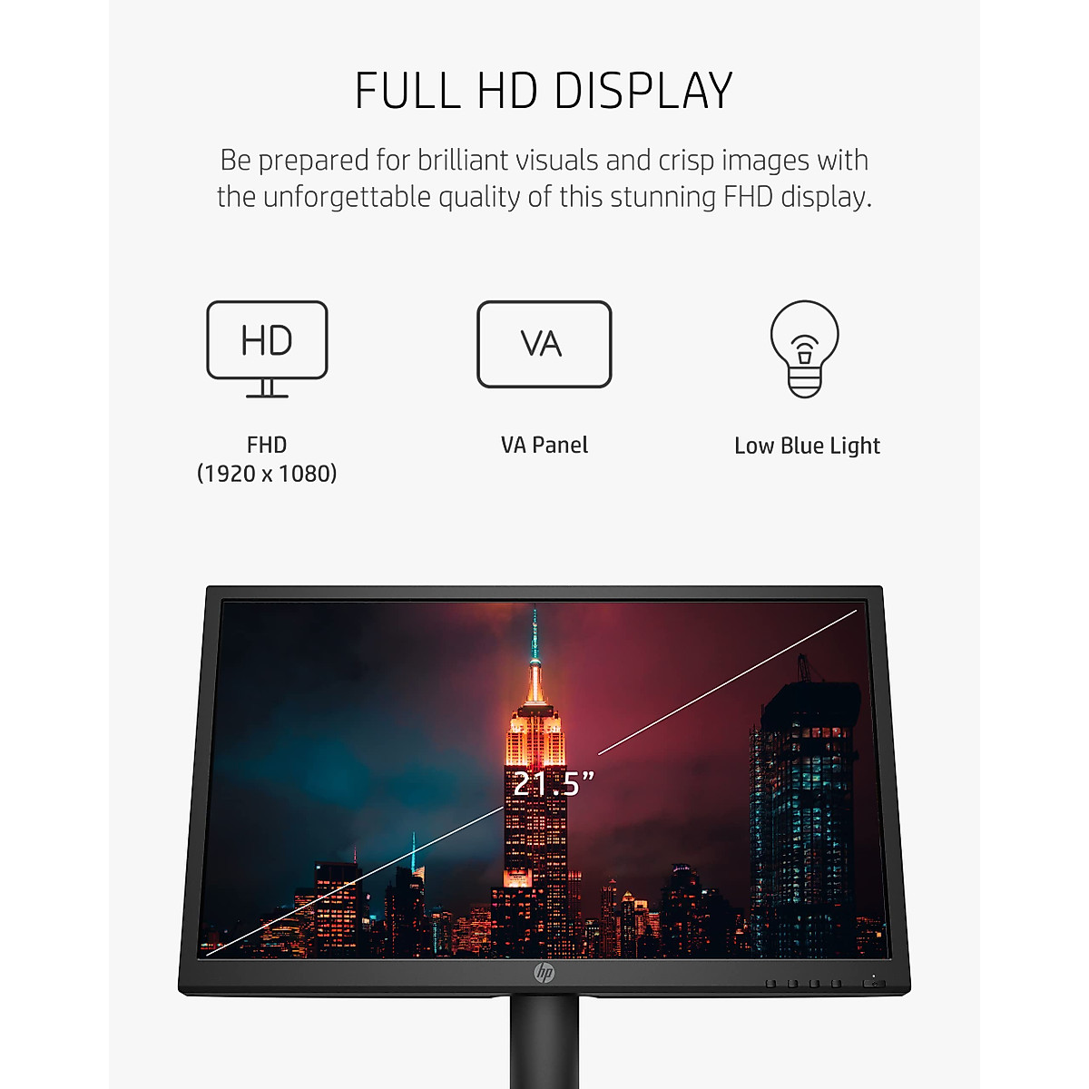HP V222vb FHD Monitor, 1080p VA Display, 75Hz, 21.5'' Computer Screen, TUV Certified Low Blue Light Mode, Ergonomic Tilt, HDMI&VGA Ports, VESA Mounting (2021), Black (Renewed)