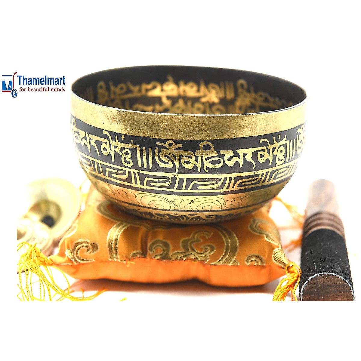 8" Healing Meditation Mantra Carved Singing Bowl, Etching Tibetan Art, Hand Hammered Singing Bowls with Silk Cushion, Gong & Mallet Striker