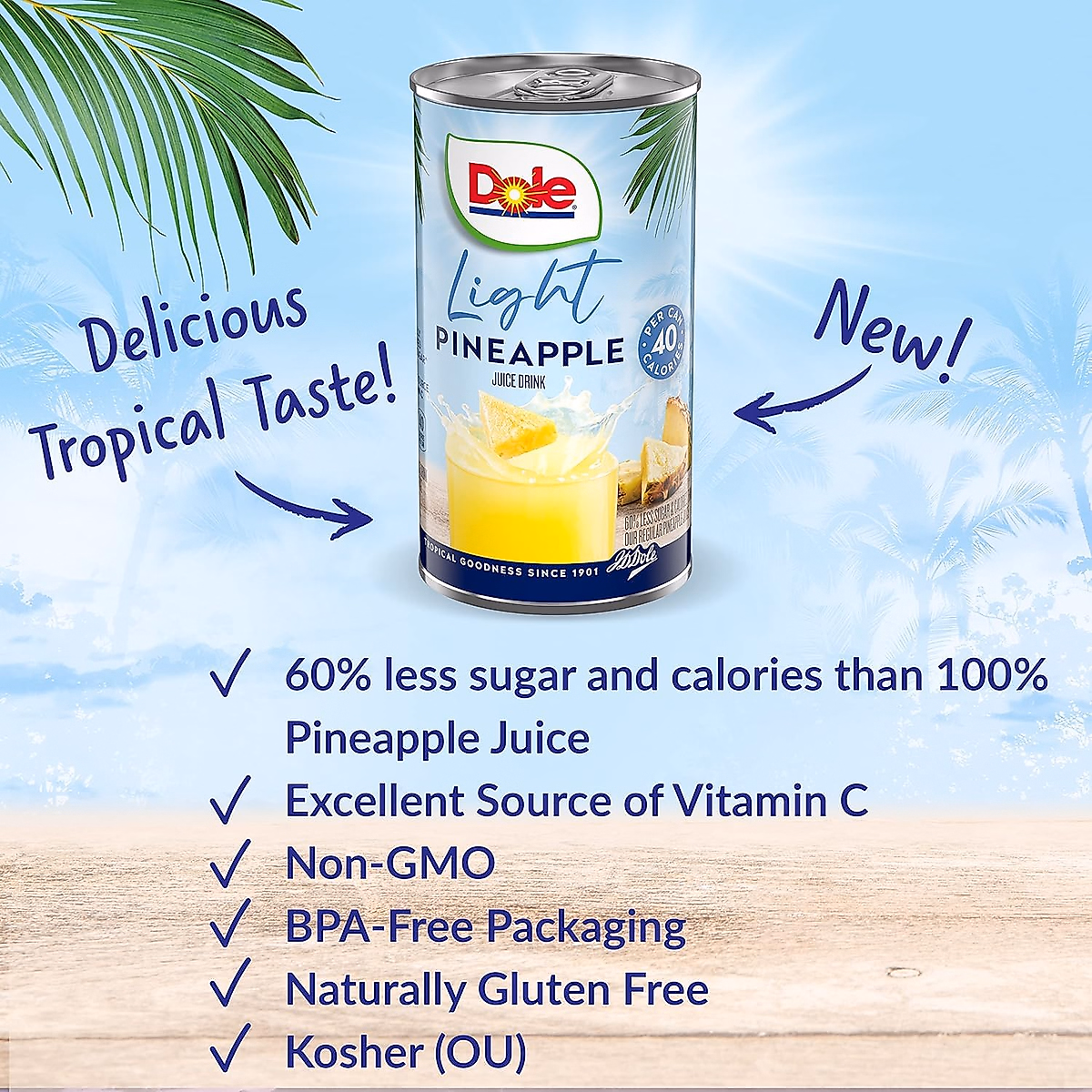 Dole Light Pineapple Juice Drink, No Added Sugar, 40 Calories Per Can, Excellent Source of Vitamin C, 100% Fruit Juice, 6 Fl Oz (Pack of 48)
