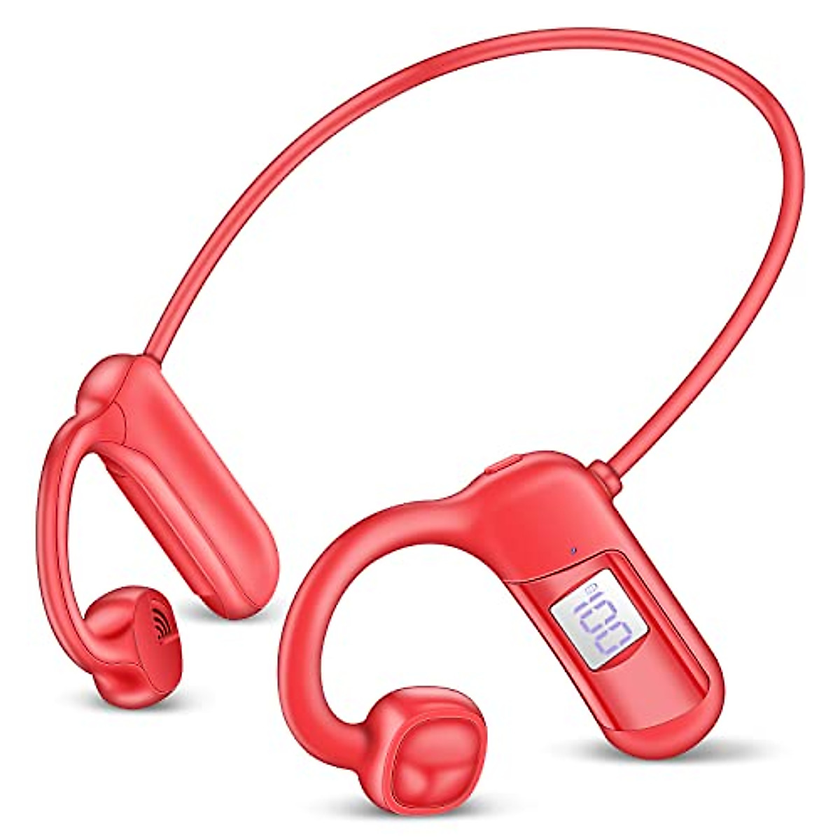 Bone Conduction Bluetooth Headphones, Open-Ear Wireless Headphones with Microphone, Sports Headset Power Display TF Card Slot Sweatproof Earphones for Outdoor, Running, Cycling, Driving, Gym-Red