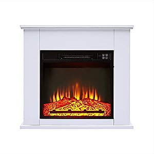 25 Inch 1400W Deluxe Electric Fireplace Mantel Heater, Wooden Freestanding Portable Patio Hearth Space Stove with Remote Control & Realistic Flames Remote Control for Home Room Indoor-White
