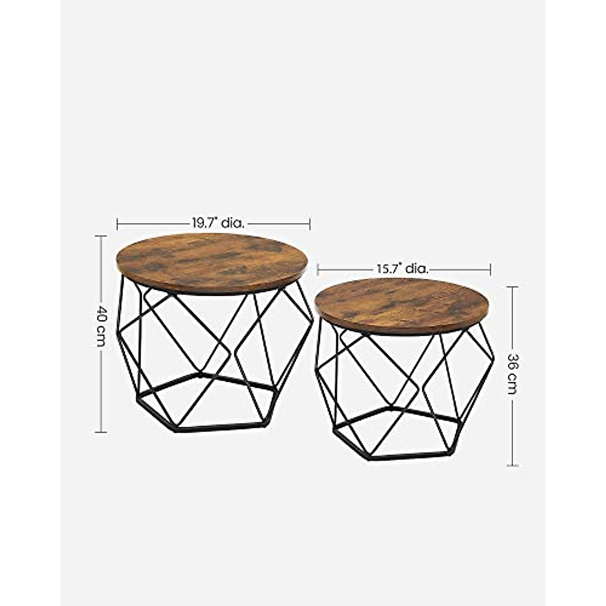 VASAGLE Small Coffee Table Set of 2, Round Coffee Table with Steel Frame, Side End Table for Living Room, Bedroom, Office, Rustic Brown and Black