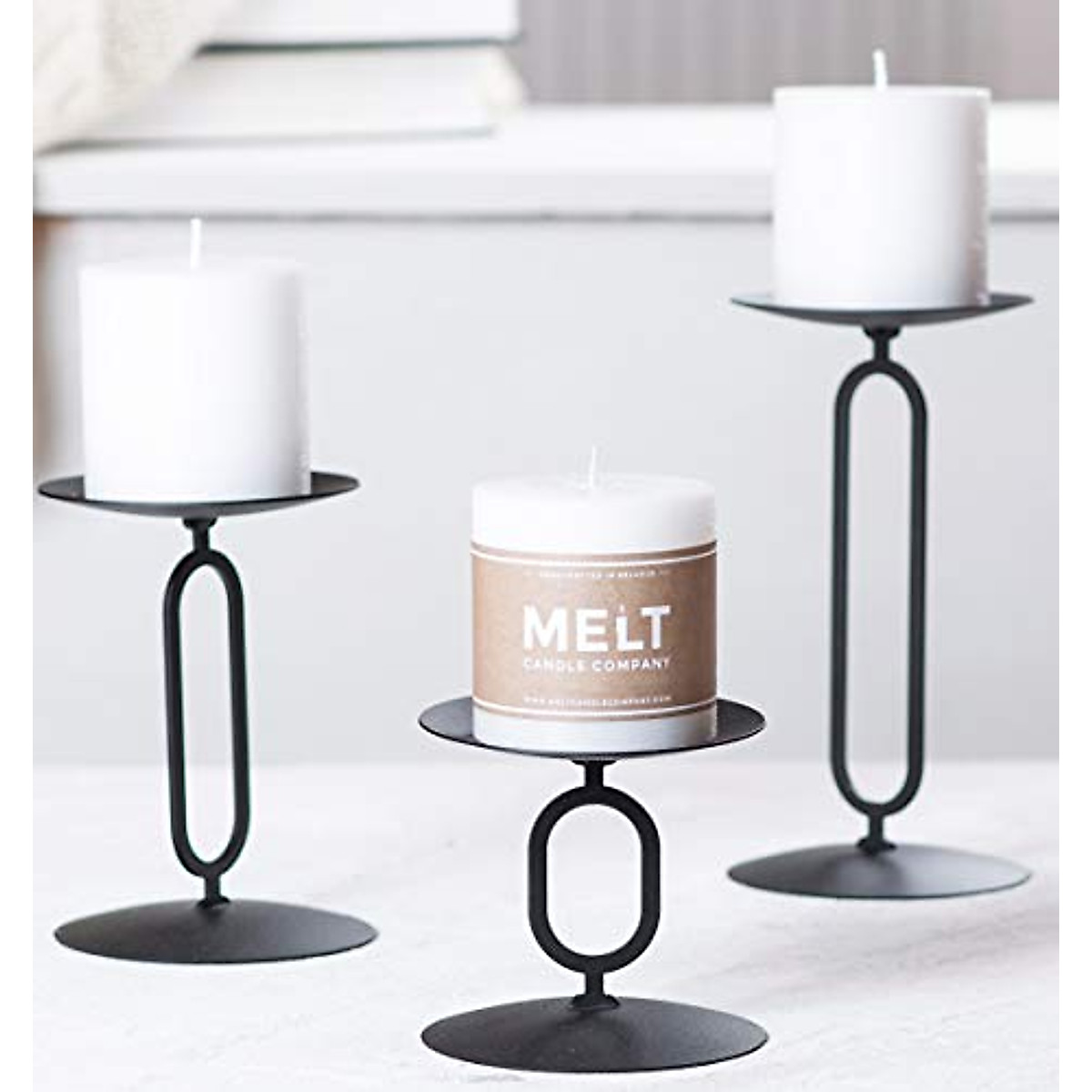 Candle Holders Black Metal Base Candleholders for Desk Top Decoration Table or Mantel Centerpiece in Dining & Living Room, Candelabra for flameless LED, Sphere & Pillar Candles (Set of 3)