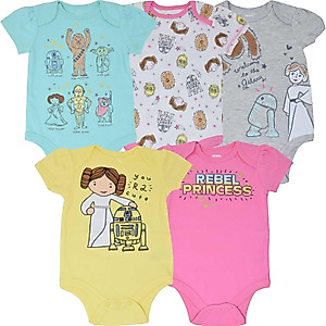 STAR WARS Baby Girls 5 Pack Bodysuits Princess Leia Yoda Chewbacca 3-6 Months