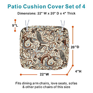 NettyPro Patio Furniture Cushion Covers Replacement Set 4 Water Repellent UV Resistant Outdoor Chair Seat Cushion Slipcover with Zipper and Tie, Replacement Cover Only, 22 x 20 x 4 Inch