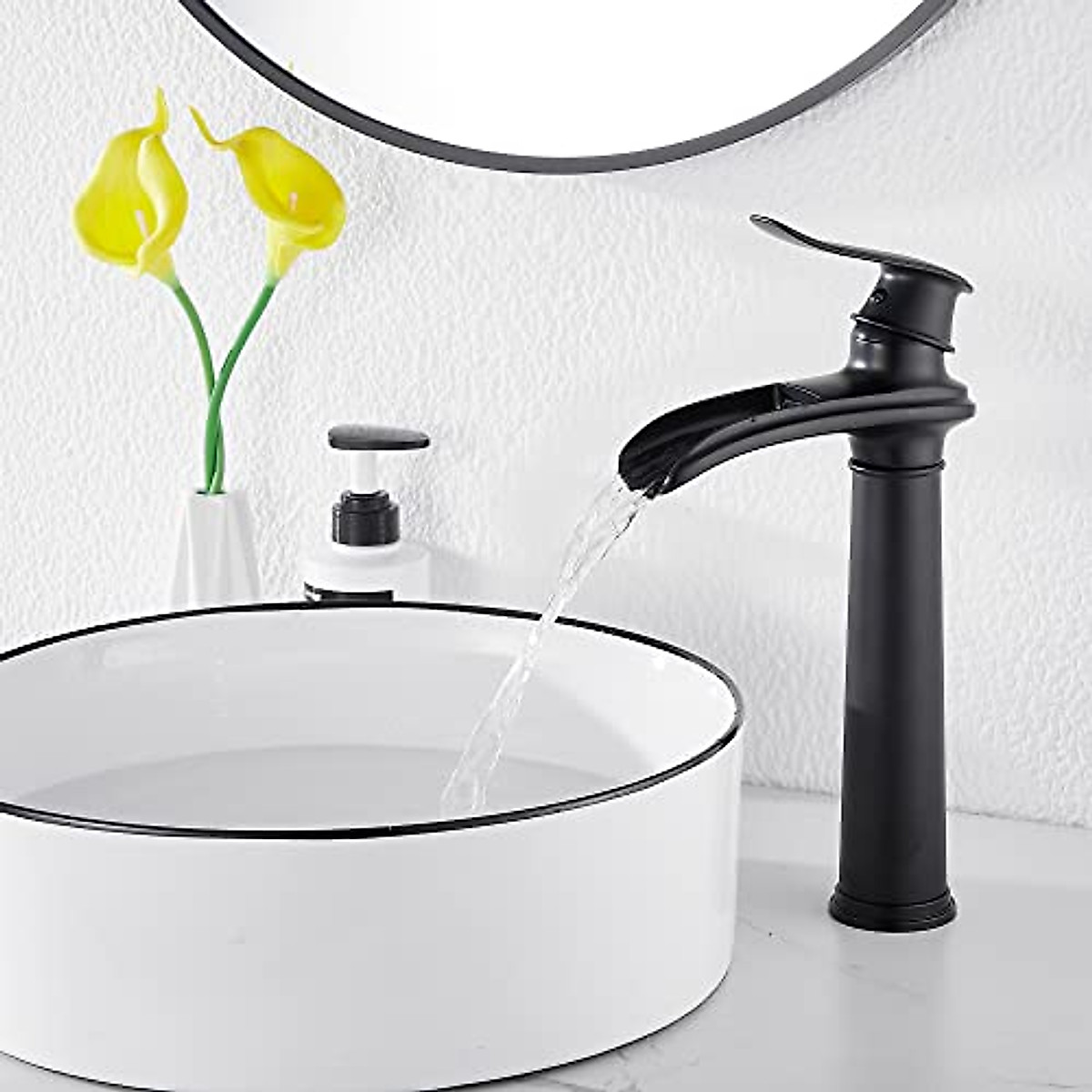 Black Bathroom Faucet GGStudy Single Handle One Hole Farmhouse Waterfall Bathroom Vessel Sink Faucet Matte Black Matching with Pop Up Drain