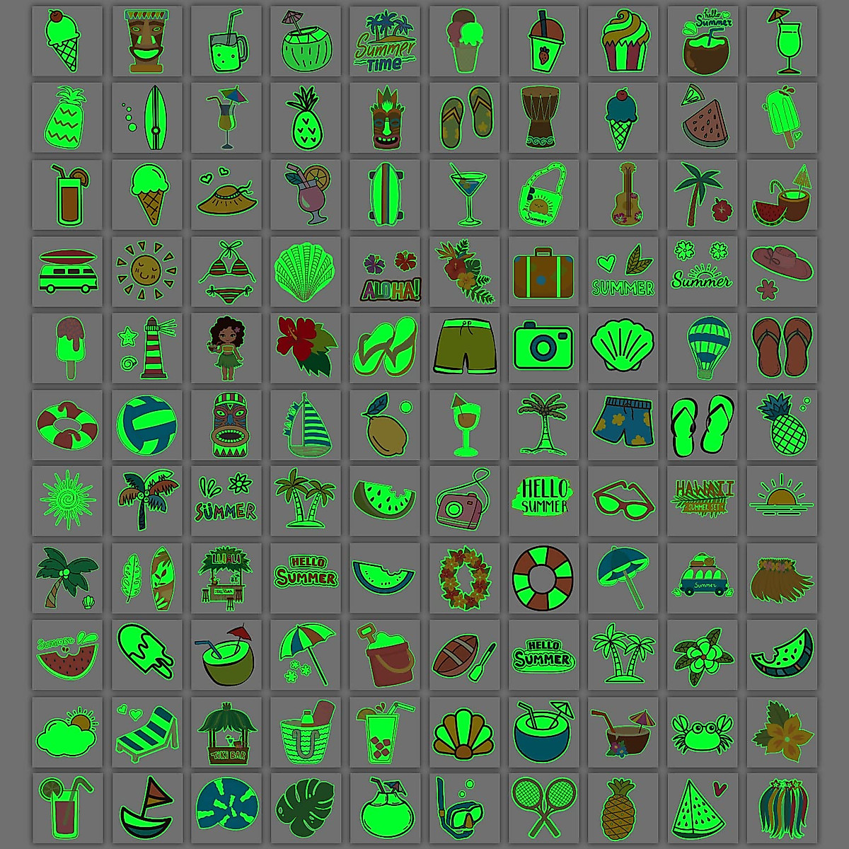 Partywind 204 Styles Luminous Hawaiian Party Supplies for Kids, Individually Wrapped Sheets Glow Hawaiian Luau Temporary Tattoos for Boys Girls Goodie Bag Stuffers, Summer Beach Party Decorations